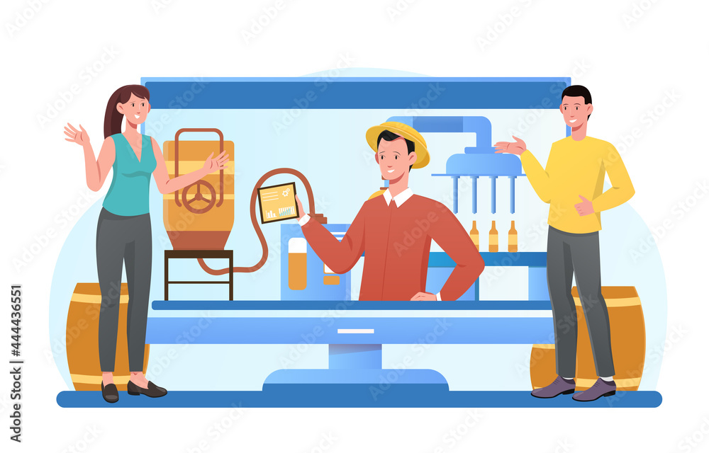 Smiling male and female characters are working on craft beer production ...