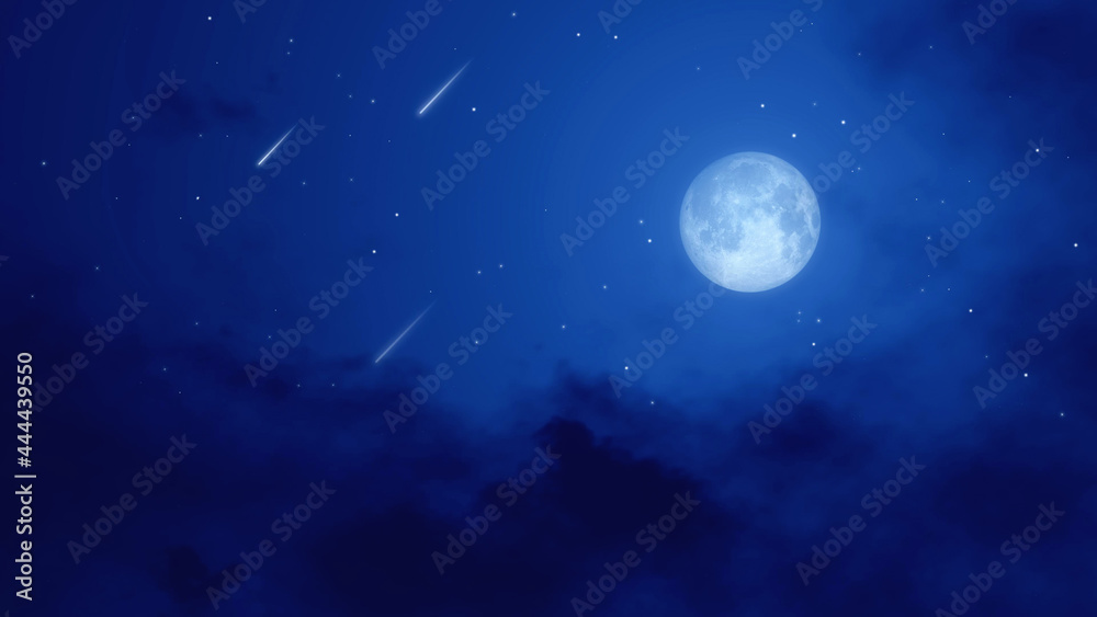 Dreamlike starry night sky with fantastic big full moon and falling ...