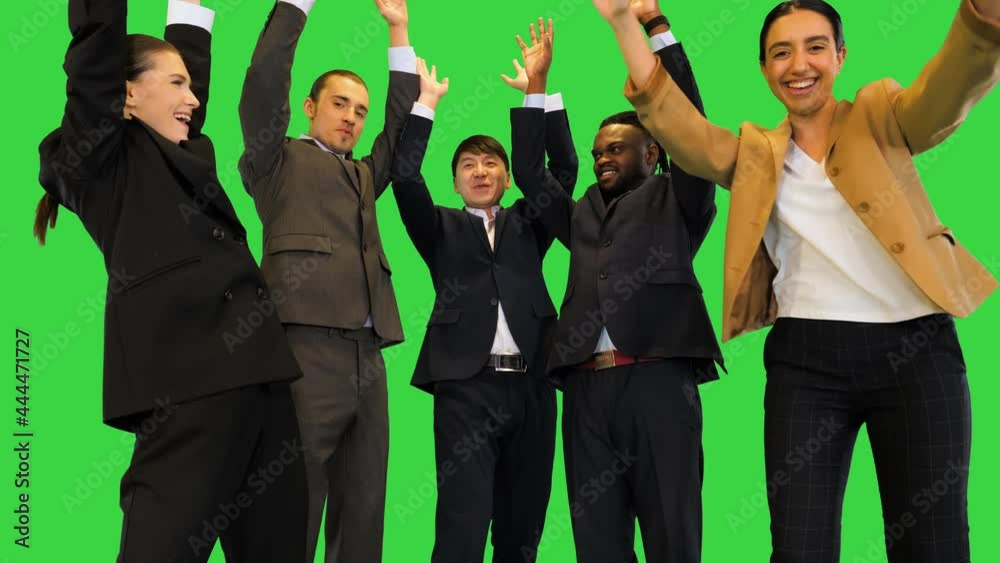 Young colleagues fold and raise arms together on a Green Screen, Chroma ...