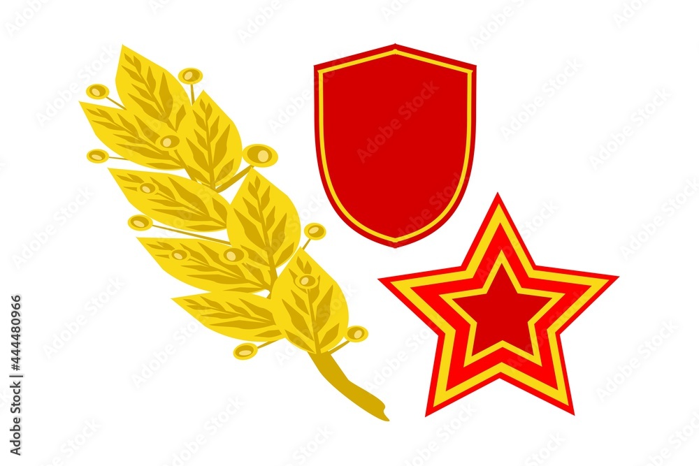 Red shield, red star with a yellow outline, laurel branch on a white ...
