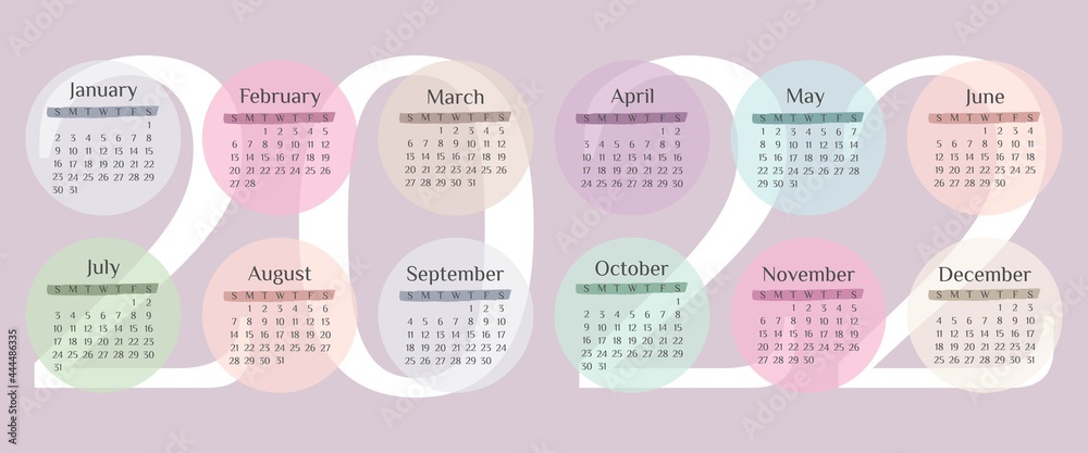 Vector colorful calendar 2022 template. Week Starts on Sunday Stock ...