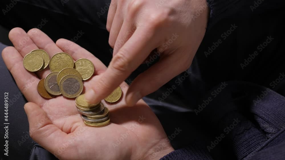 Poor man. Euro coins on palm of hand. Family poor hands counting coins ...