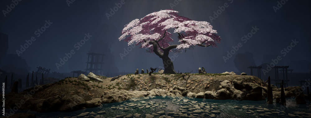 A resilient cherry tree stuck within the depths of a cave that has long ...