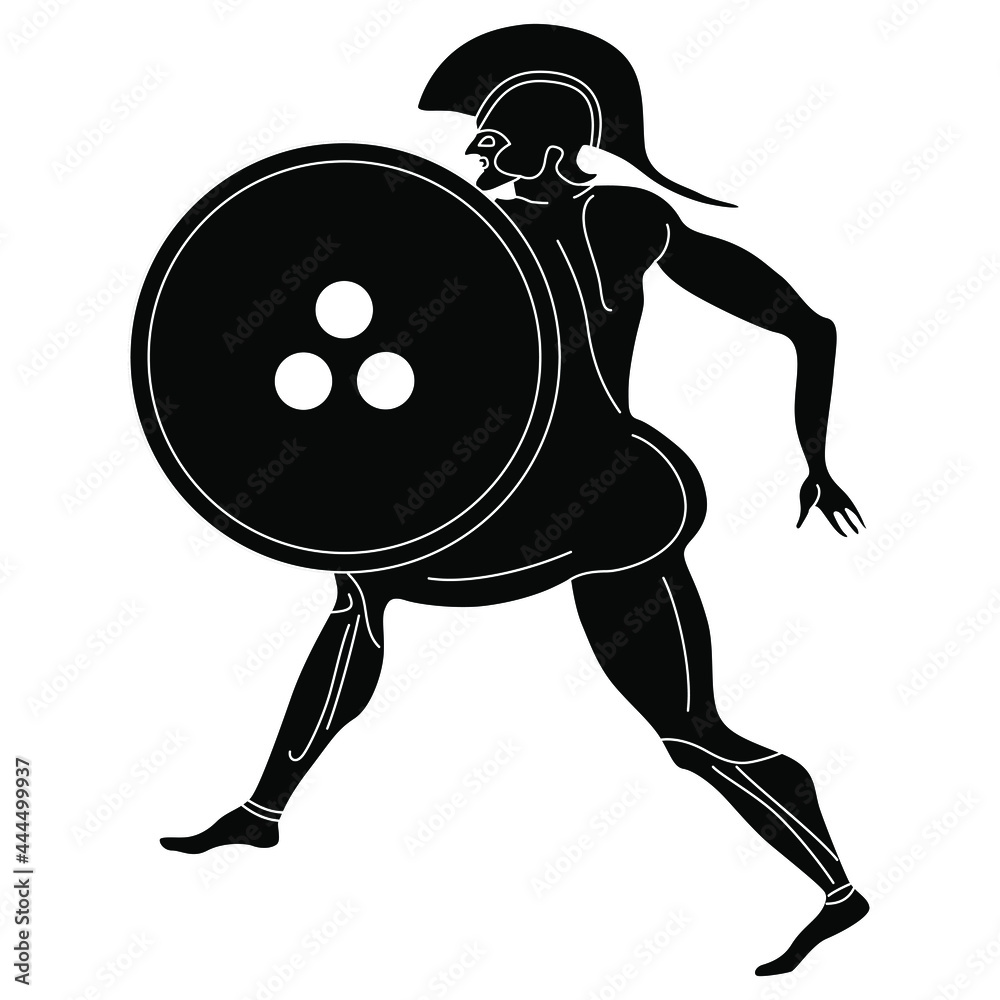 Running ancient Greek warrior or soldier wearing helmet and carrying a ...