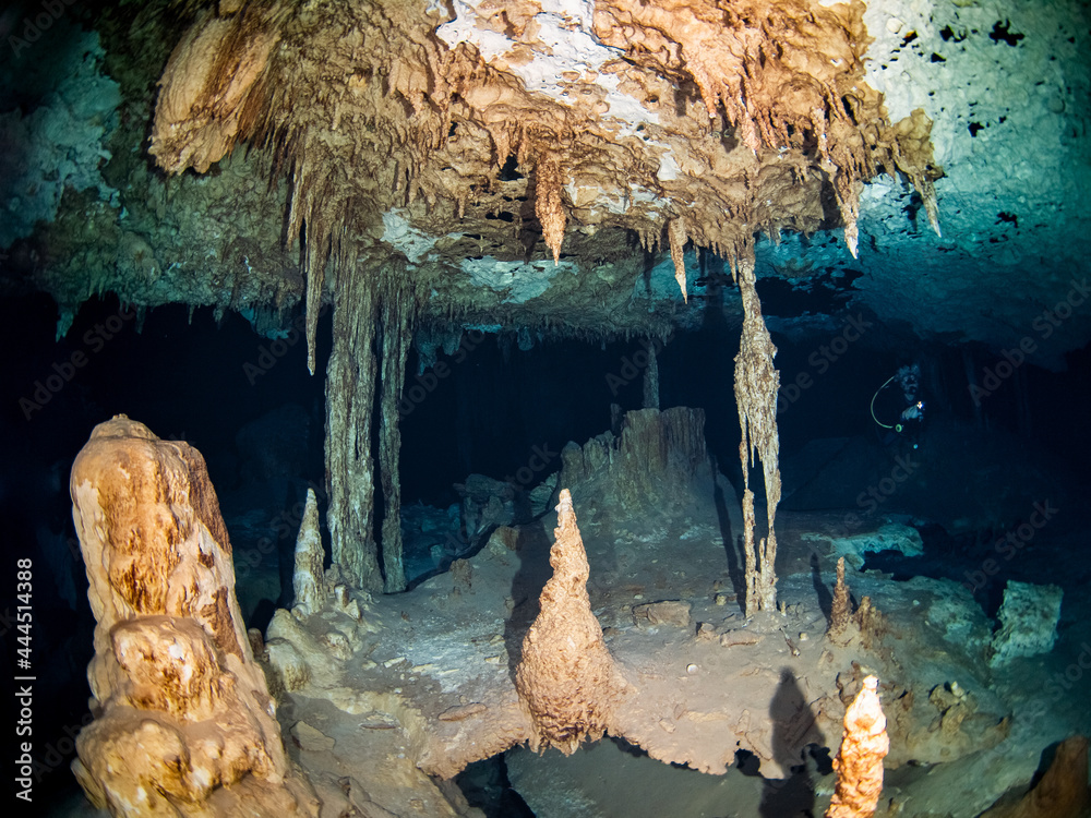 Scuba diving in an underwater limestone cave (Cenote Dos Ojos, Tulum ...
