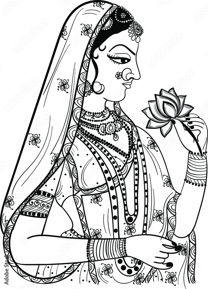 Traditional Indian women painting line art clip art. Black and white ...