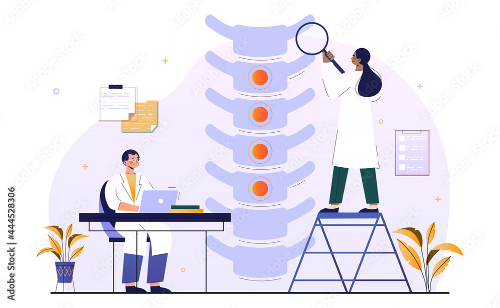 Male and female osteopaths are examining spine bones. Two doctors are ...