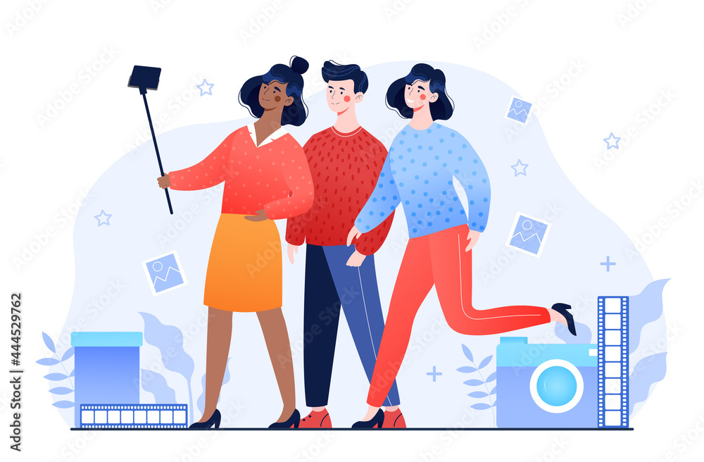 Young male and female characters are taking a selfie together. Group of ...