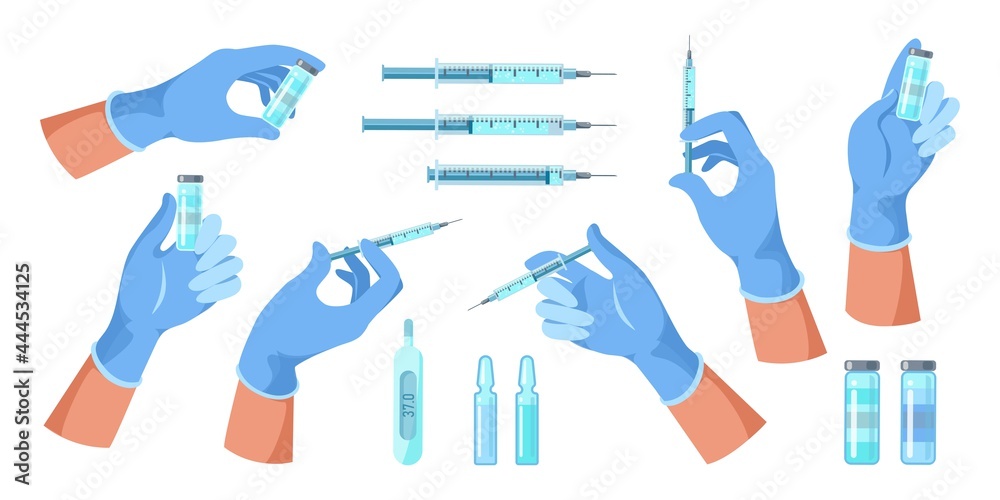 Doctor hands with syringe, bottle with vaccine making an injection for ...