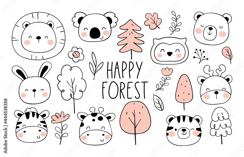 Draw vector illustration character design collection happy forest ...