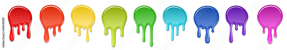 Drip paint spot 3D set isolated white background. Rainbow blob ink ...