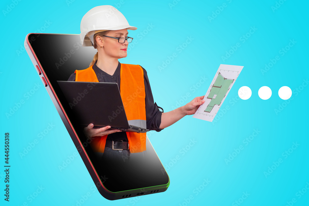 Civil engineer remote work. Girl in construction helmet with drawings ...