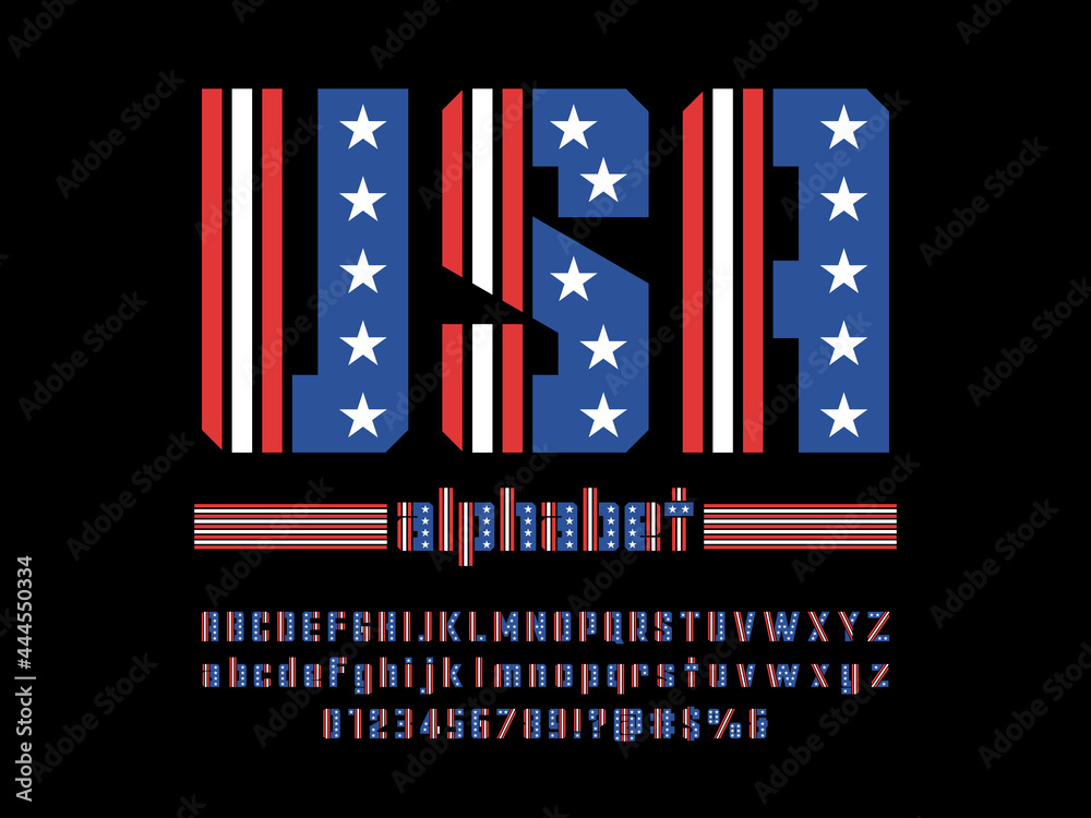 America flag style alphabet design with uppercase, lowercase, numbers ...