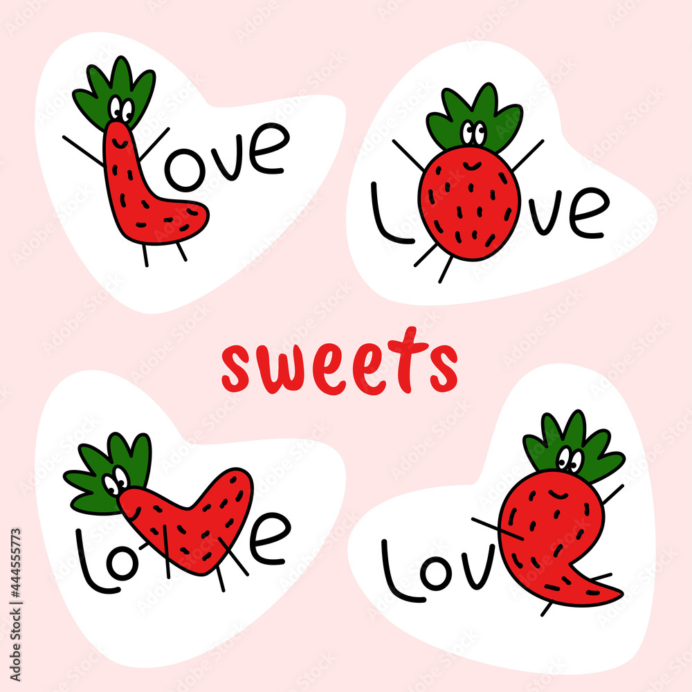 Love text stickers with one strawberry mascote letter in each word ...