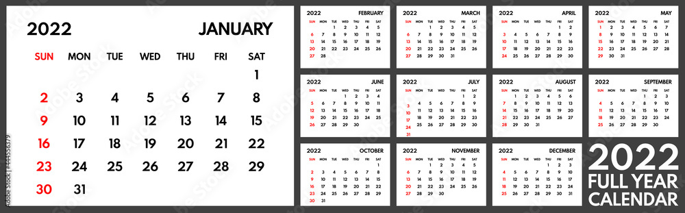 2022 full year office calendar template, week starts sunday Stock ...