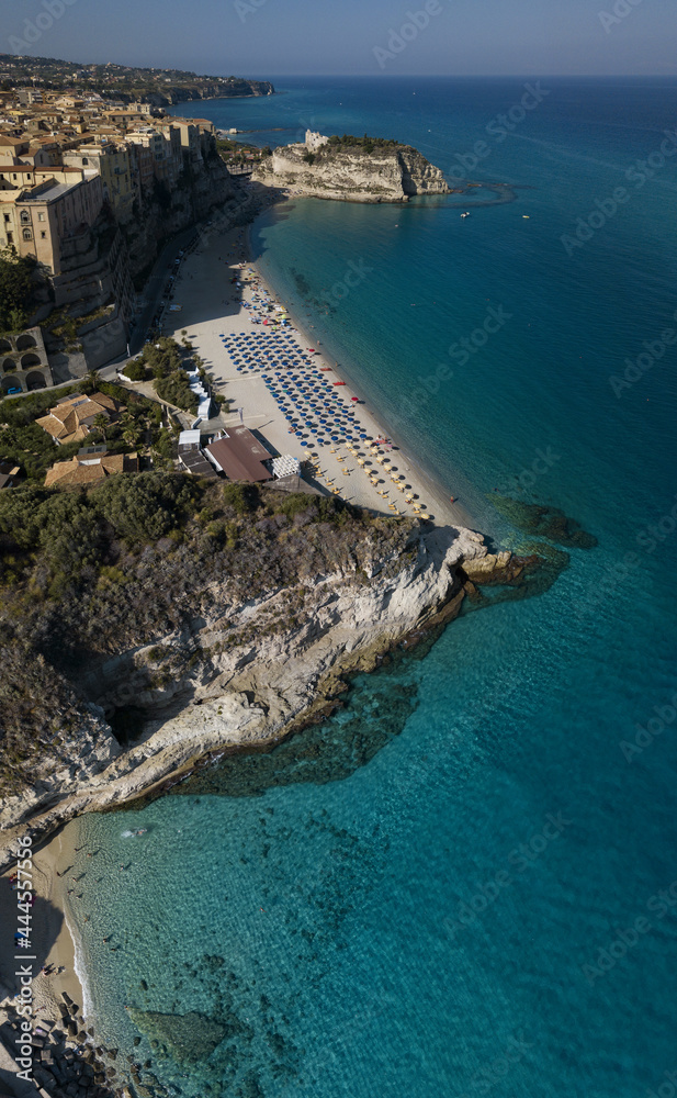 Aerial view of Tropea, house on the rock and Sanctuary of Santa Maria ...