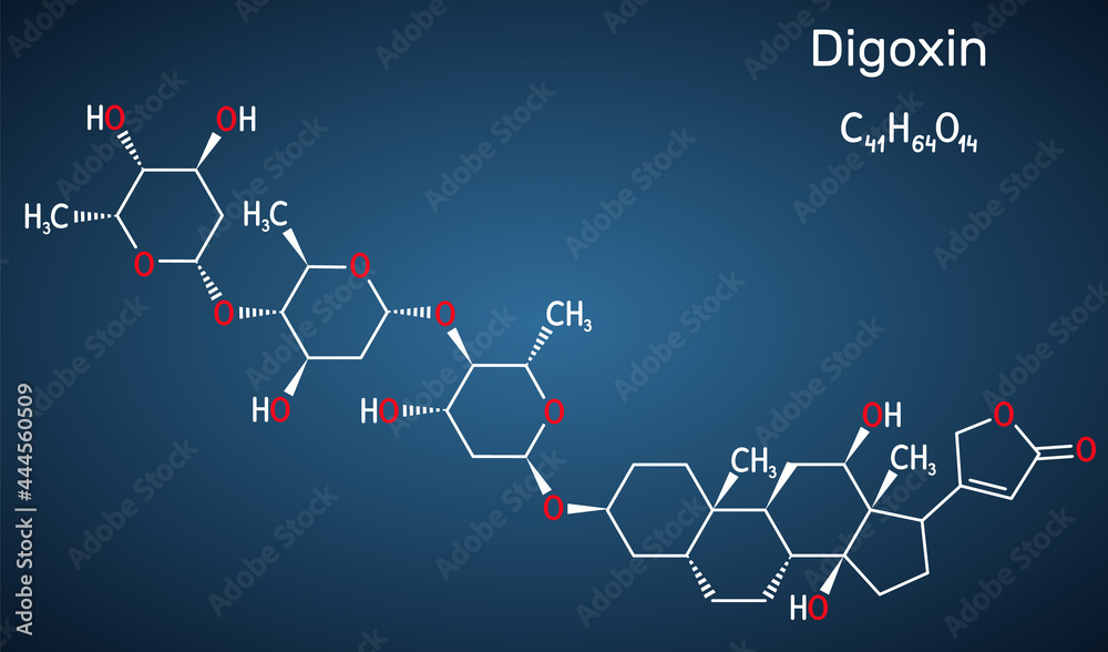 Digoxin, molecule. It is cardiac glycoside, cardiovascular medication ...