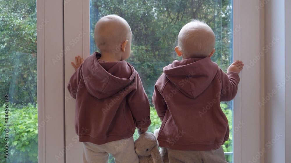 Back view of twin babies looking through the window. Both in matching ...