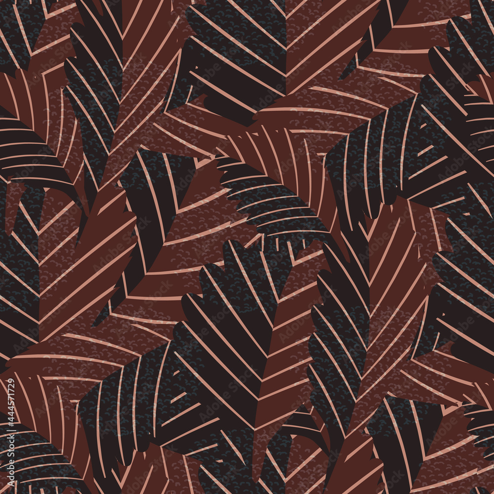 Lino print style earthy stylised vector leaves seamless pattern ...