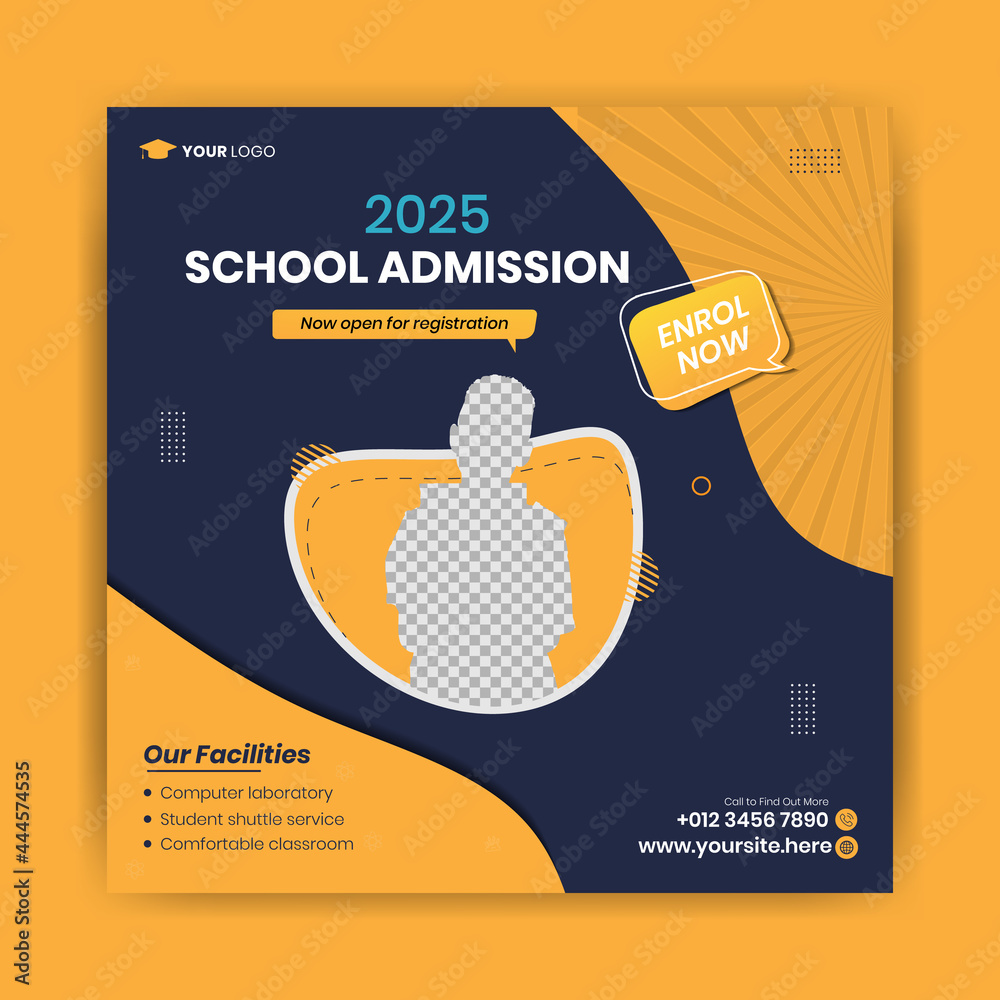 School admission Editable minimal square banner template. Yellow purple ...