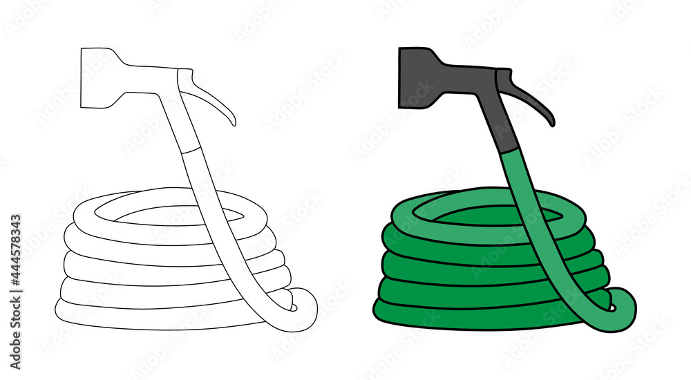 Irrigation hose with a spray gun in a simple flat graphic outline style ...