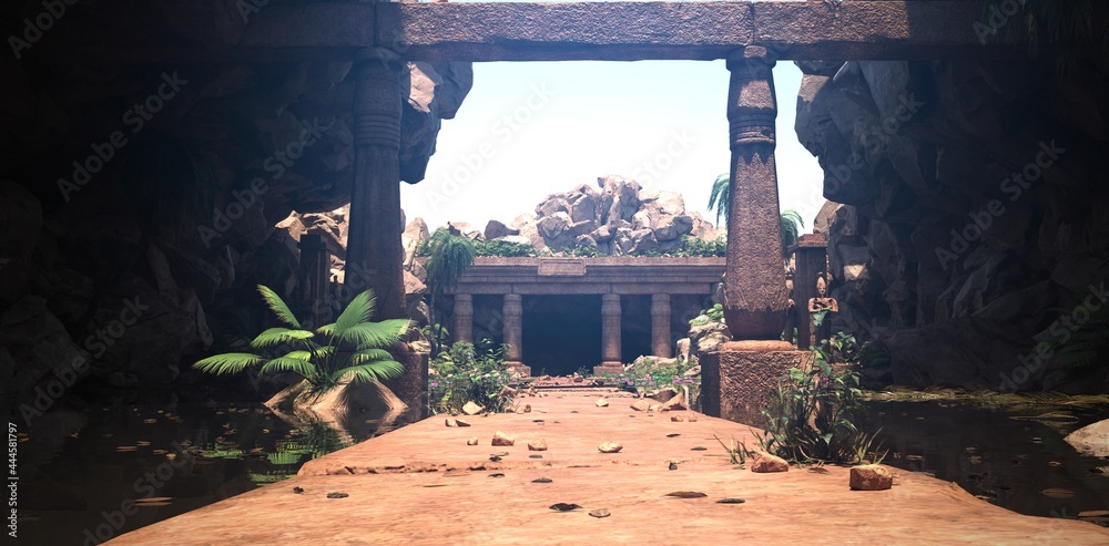 A stone path through an arch with pillars to the ruins of an ancient ...