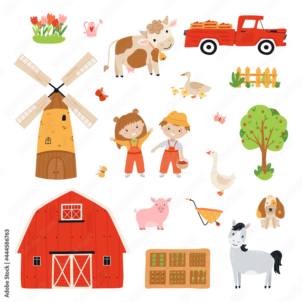 Set farm elements. Collection farm animals in a flat style. Children ...