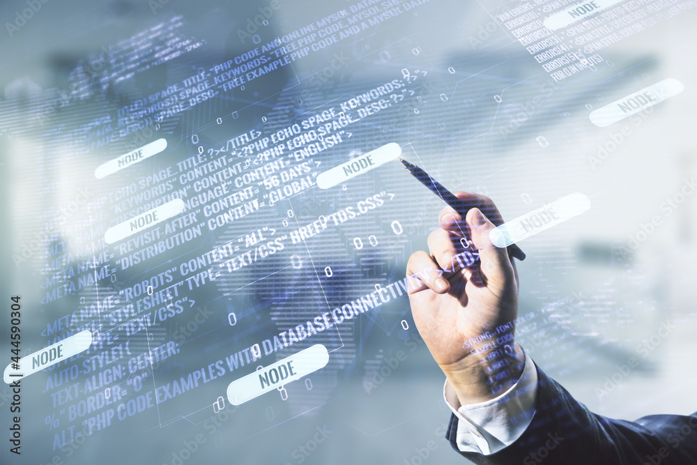 Multi exposure of developer's hand with pen working with abstract programming language hologram ...