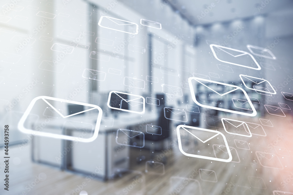 Abstract virtual postal envelopes hologram on a modern furnished ...