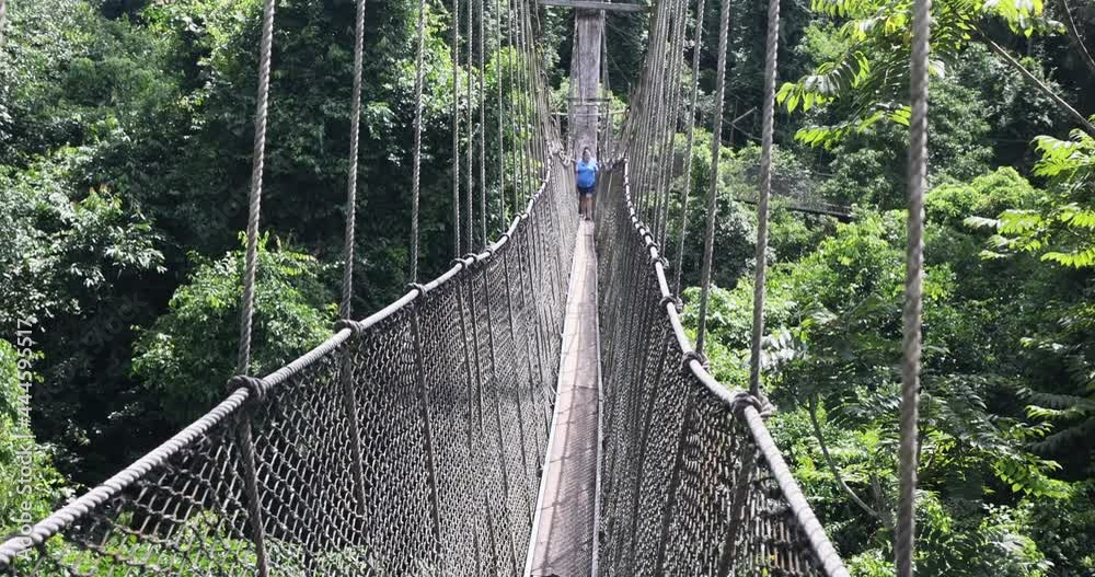 Woman walking high rope bridge jungle canopy Ghana Africa part 1 ...