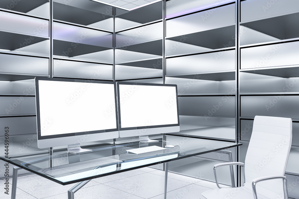 Abstract futuristic office interior with two blank white computer ...