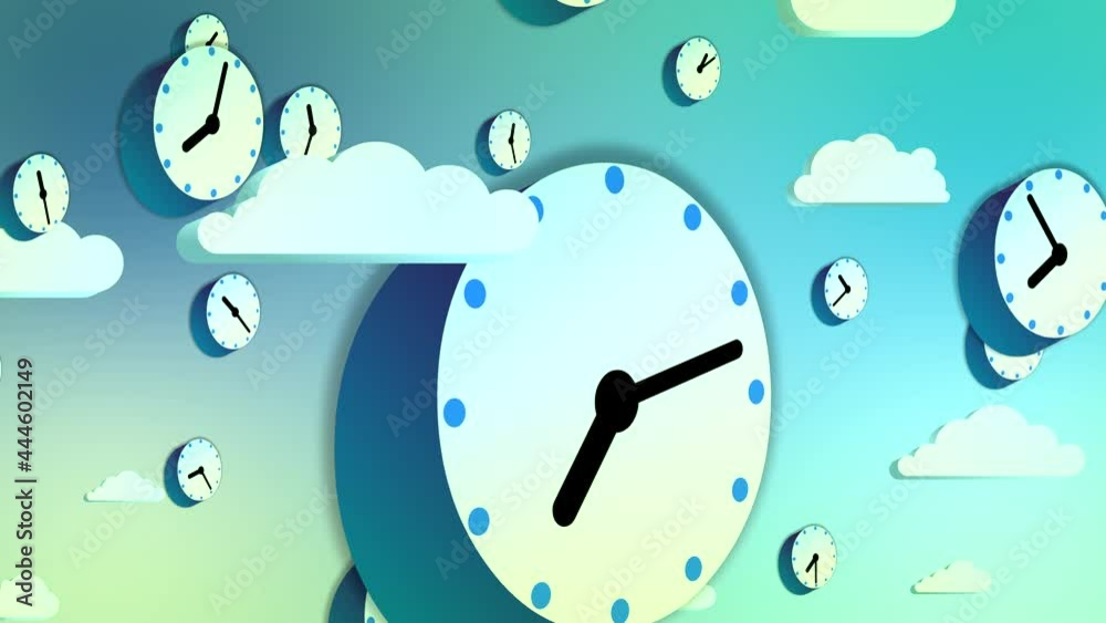 Cartoon counter clocks 12 hours flying on sky moving clouds background ...