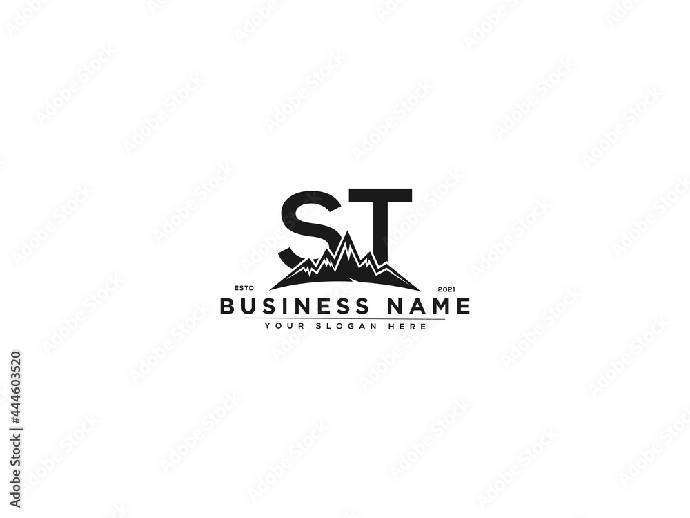 Letter ST Logo, line art st mountain logo icon vector for river forest ...