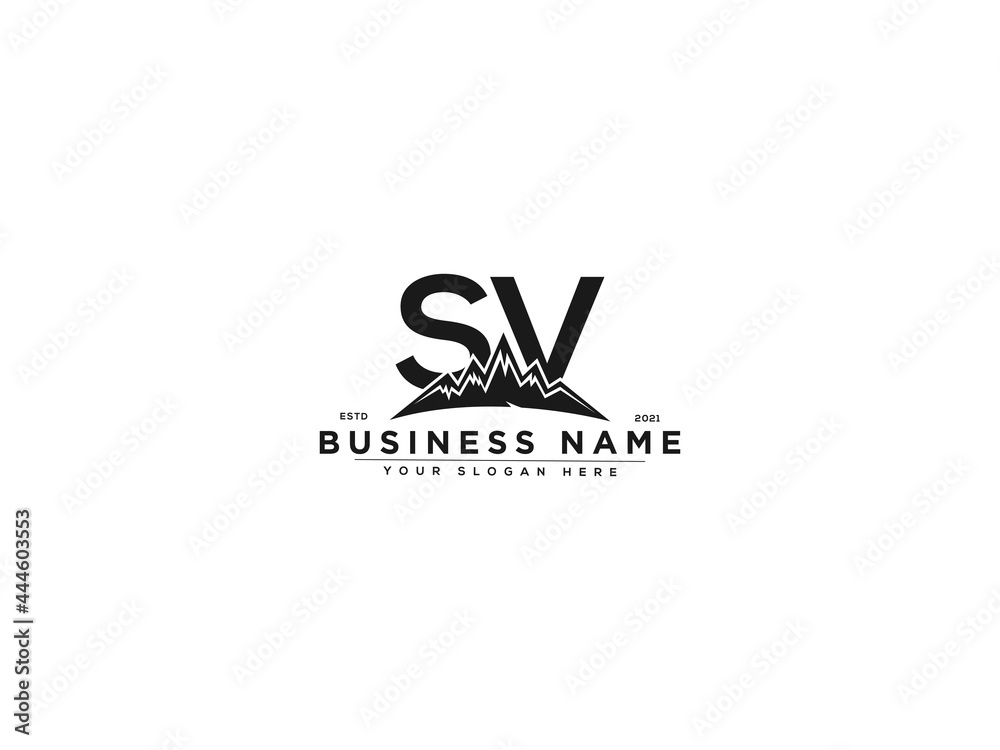 Letter SV Logo, line art sv mountain logo icon vector for river forest ...