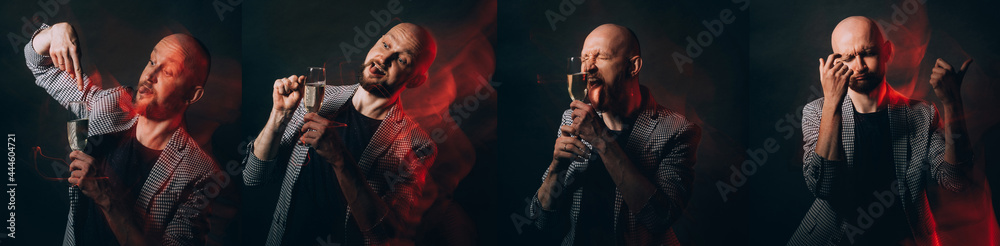 Birthday party. Drunk man. Face expression collage. Silly happy guy ...