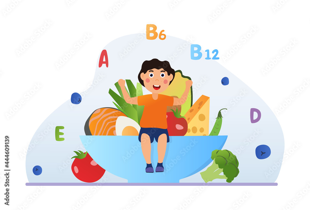 Helathy food makes child grow strong and happy. Healthy kid is showing ...