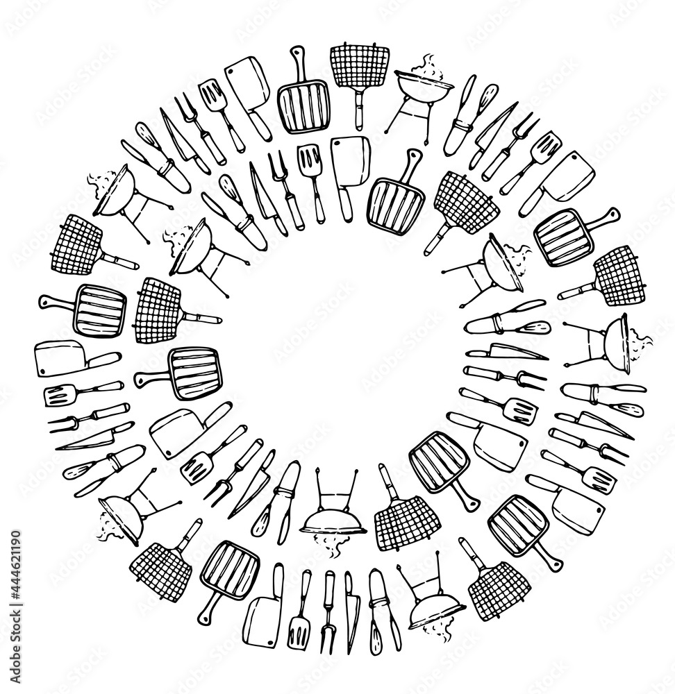 A vector set of circular templates from grilling tools with an empty ...