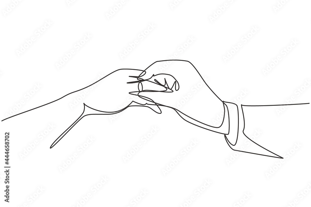 Continuous One Line Drawing Groom Putting Ring On Brides Finger During Wedding Ceremony Bride