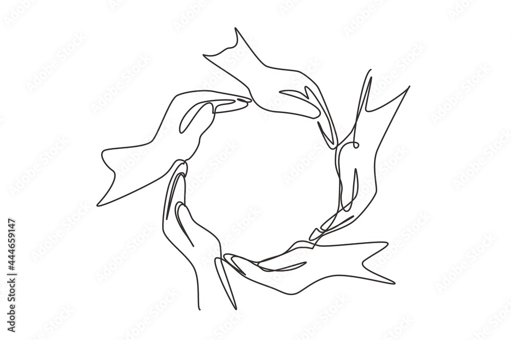 Single continuous line drawing circle made of human hands. Sign or ...