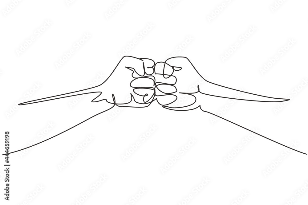 Continuous one line drawing two hands make fist bump. Sign or symbol of ...