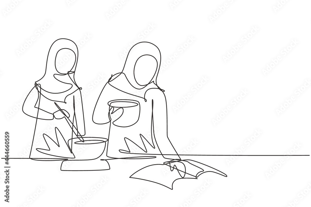 Single continuous line drawing two Arab woman cooking meal while ...