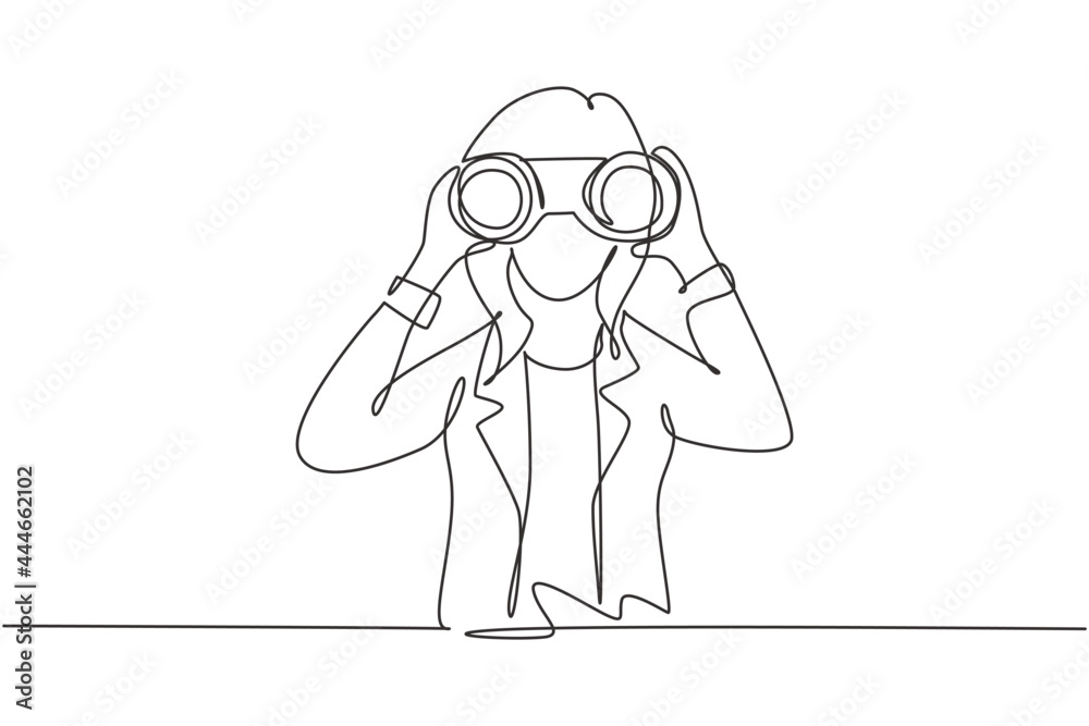 Single one line drawing young business woman looking through binoculars ...