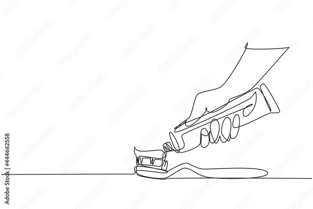 Vetor de Single continuous line drawing brushing teeth. Toothbrush and ...