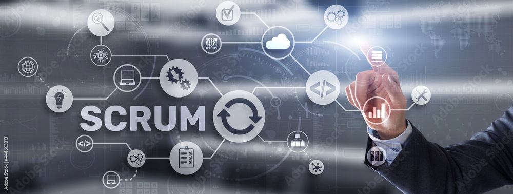 SCRUM. Hand presses the inscription scrum on a virtual panel. Agile ...