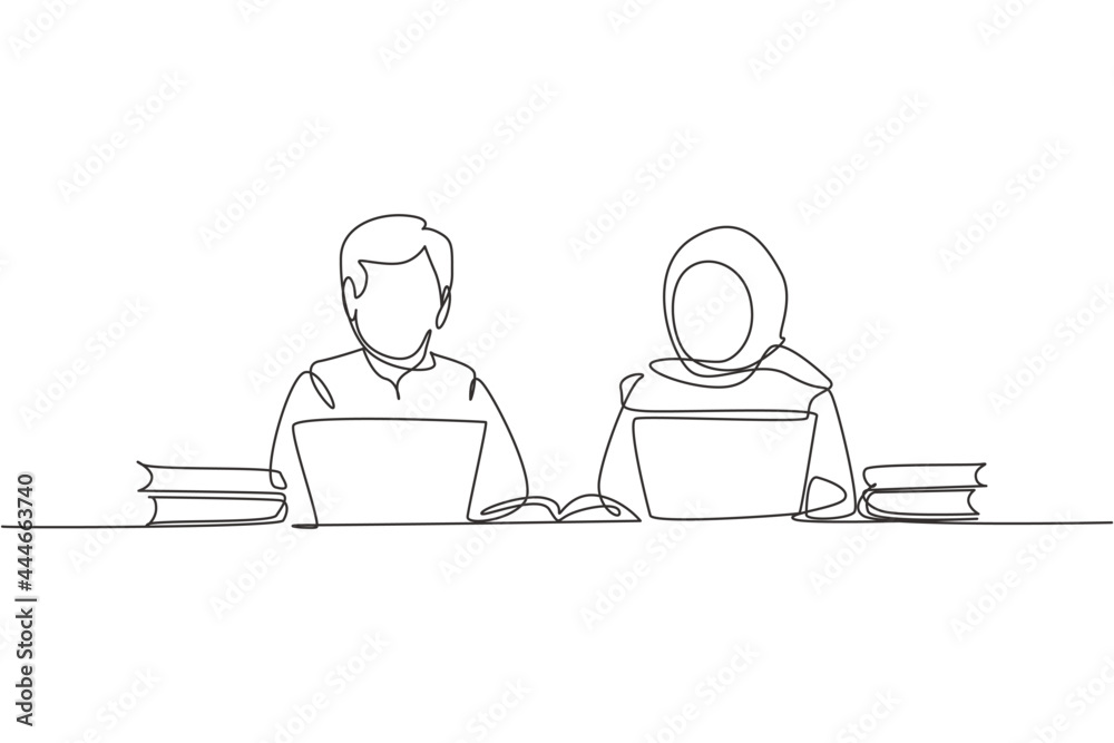 Single one line drawing Arabian couple studying with laptop and pile of ...