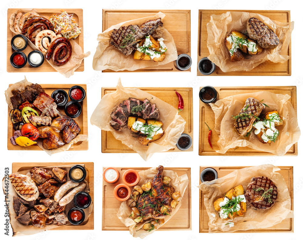 Isolated wooden board of a grilled meat set menu collage Stock Photo ...