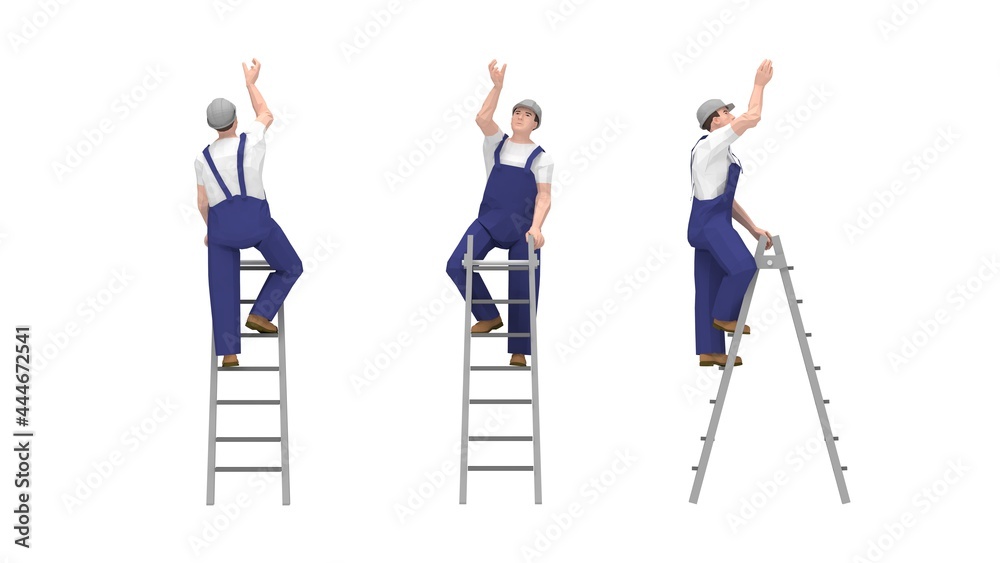 3D rendering of a worker on a ladder from multiple views, front side ...