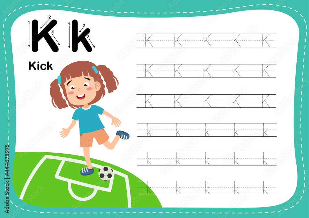Alphabet Letter K - Kick exercise with cut girl vocabulary illustration ...