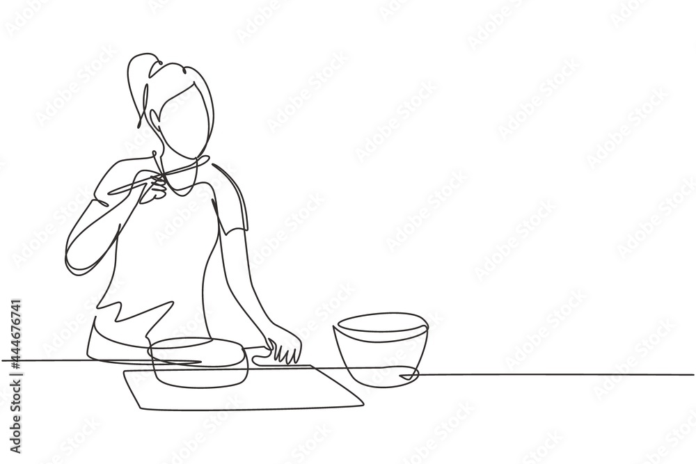 Single continuous line drawing beautiful woman mixing tomato sauce ...