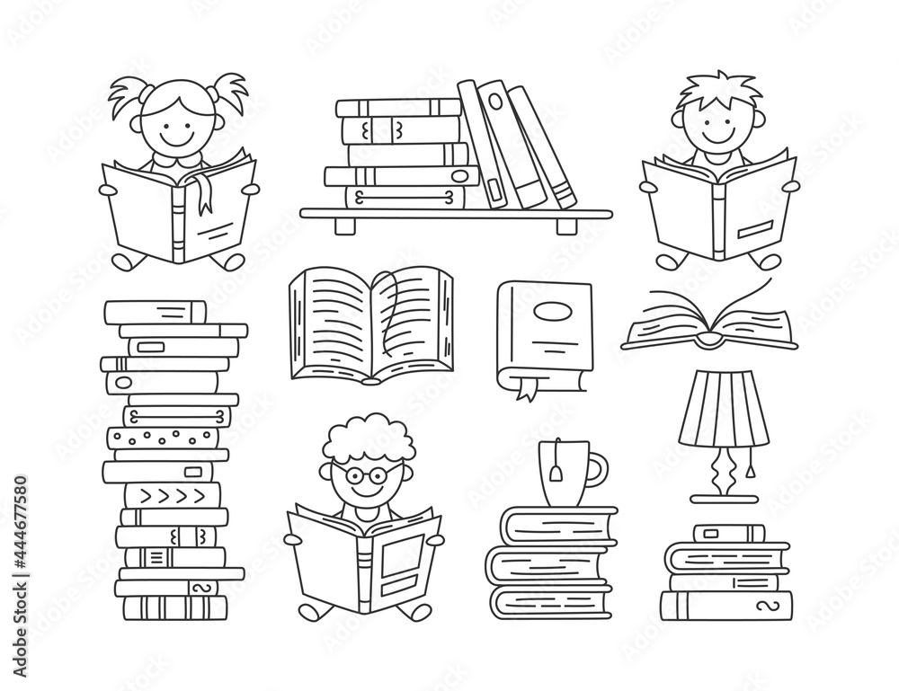 Set of books and reading children. Hand drawn small kids holding open ...